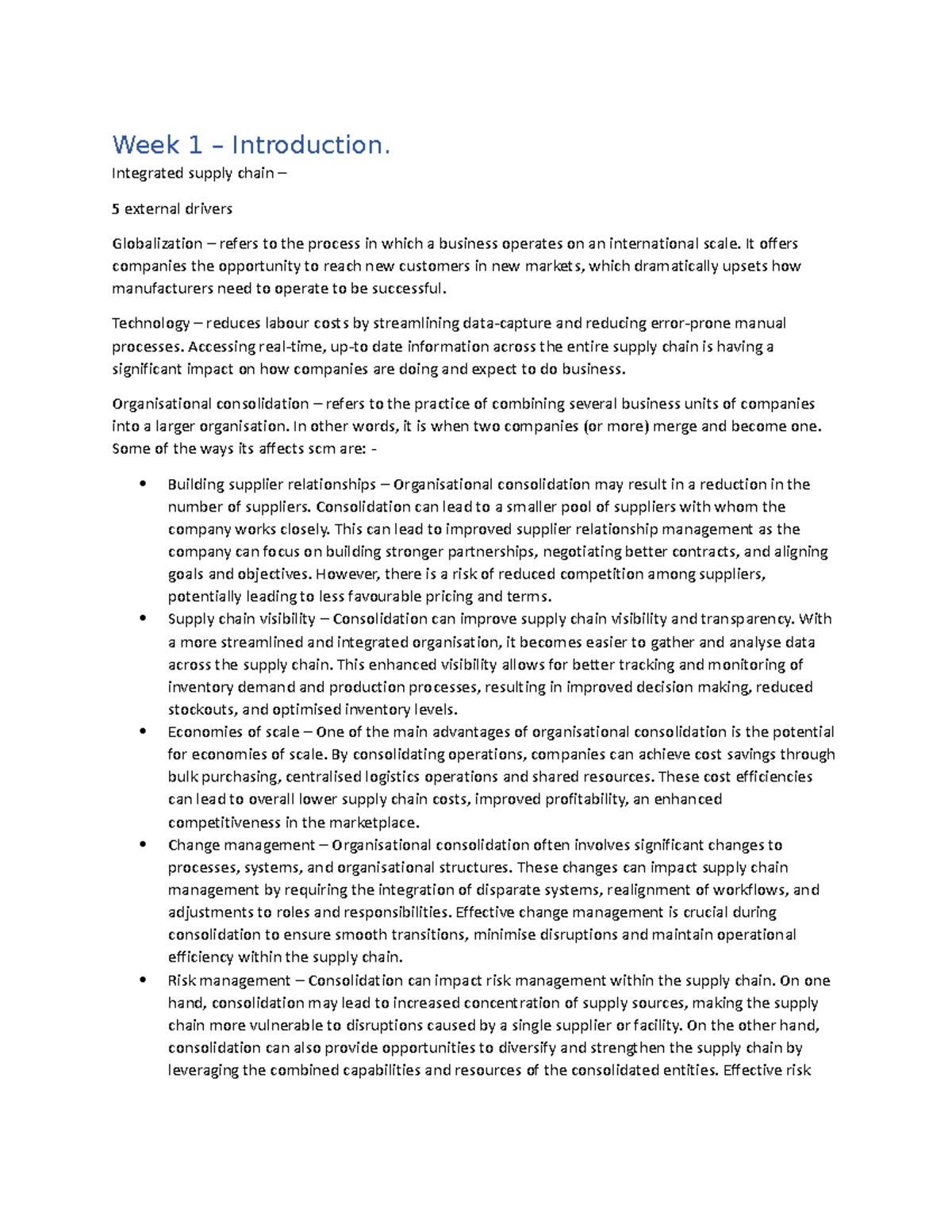SCM20003 Class Notes - Week 1 – Introduction. Integrated supply chain ...
