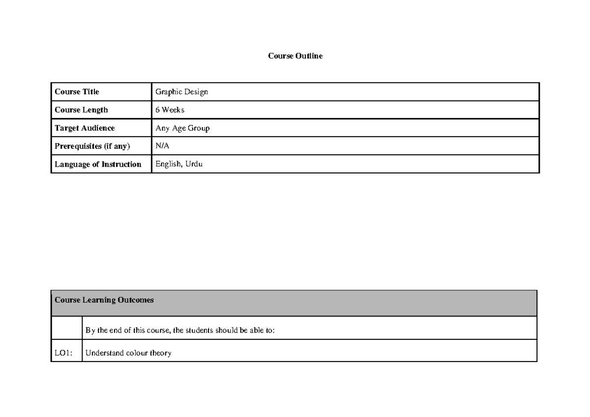 Graphic Design Outline - Course Outline Course Title Graphic Design ...
