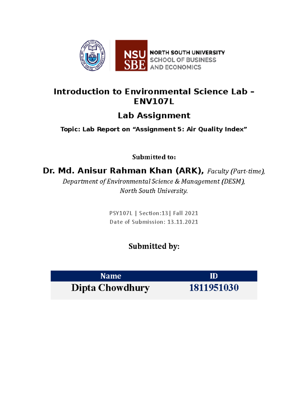 Dipta-Chowdhury 1811951030 Assignment-6 Envlab - Introduction to Environmental Science Lab ...