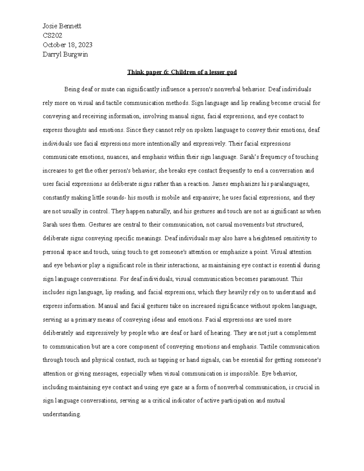 Think Paper 6 - Children of a Lesser God - Josie Bennett CS October 18 ...