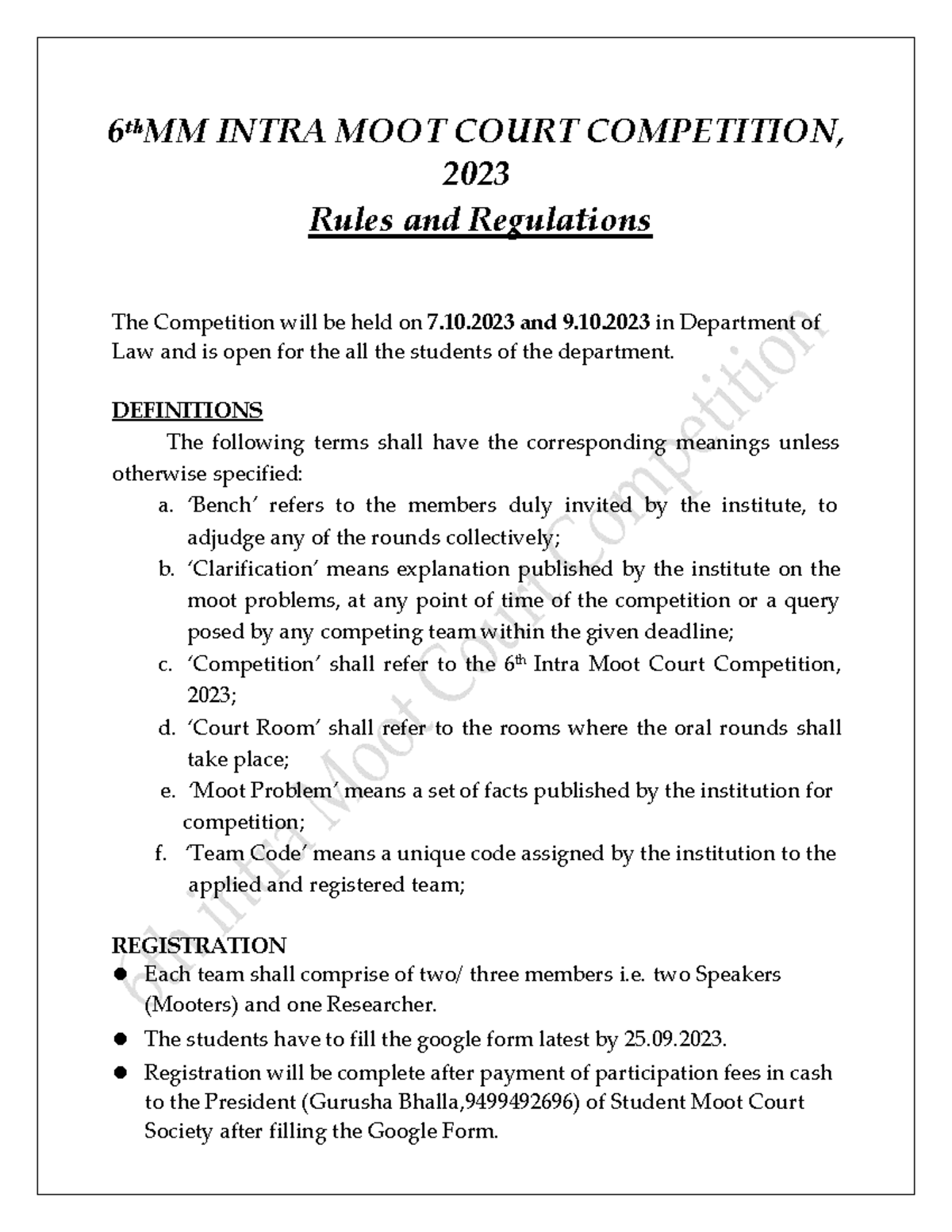 Intra moot rules corrected pdf - 6 thMM INTRA MOOT COURT COMPETITION, 2023 Rules and Regulations ...