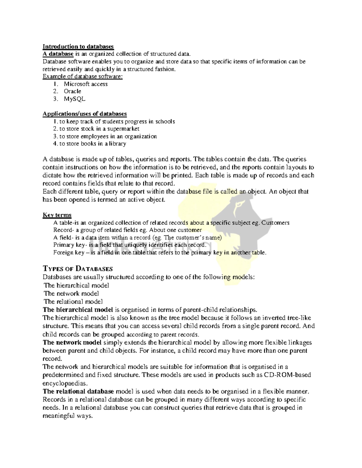 Introduction to databases notes - Introduction to databases A database ...