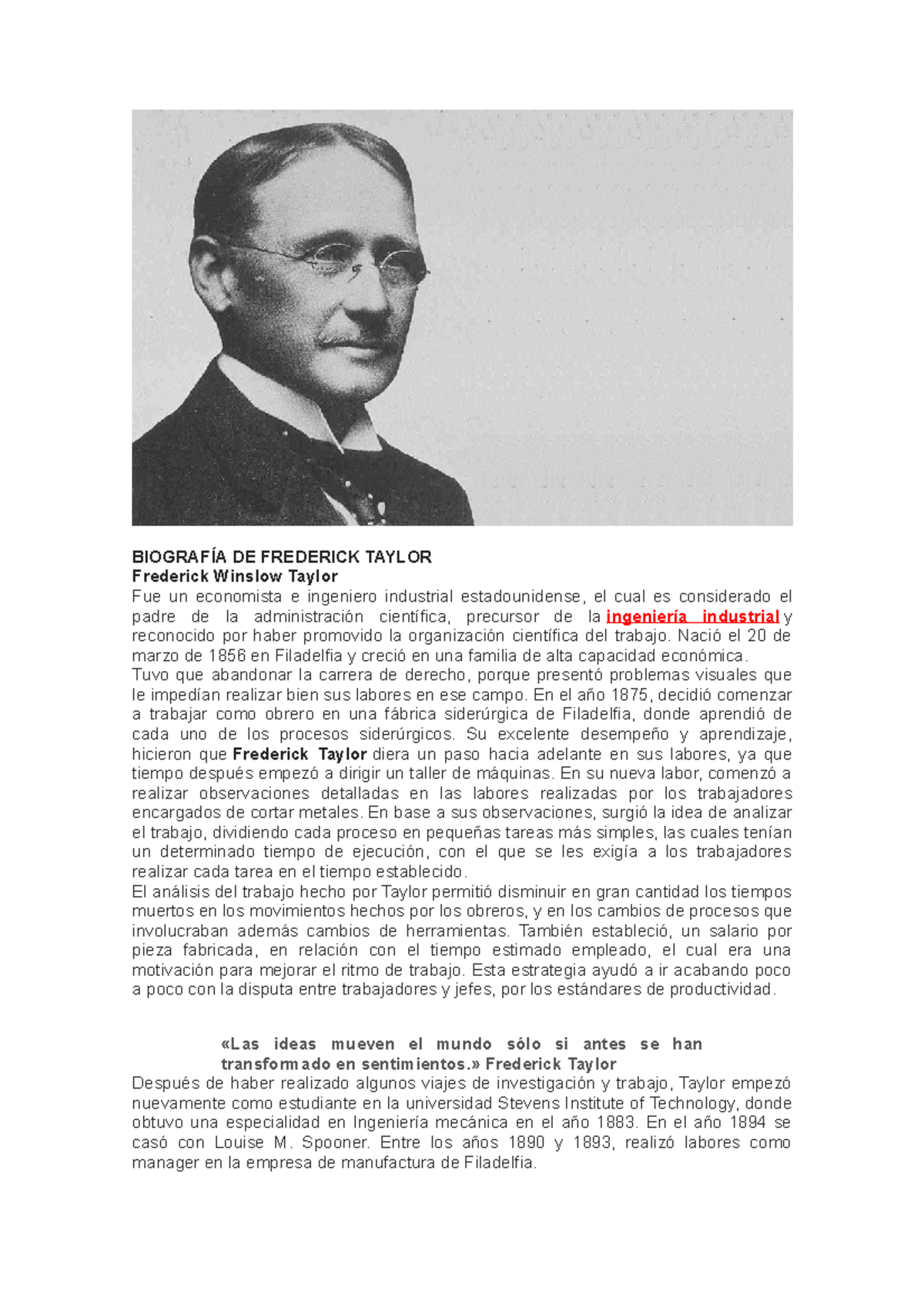 Biografía DE Frederick Taylor Desarrollado - BIOGRAFÍA DE FREDERICK ...