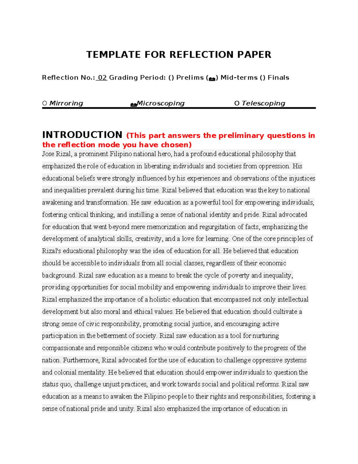 Hist10 Relfection - idk - TEMPLATE FOR REFLECTION PAPER Reflection No ...