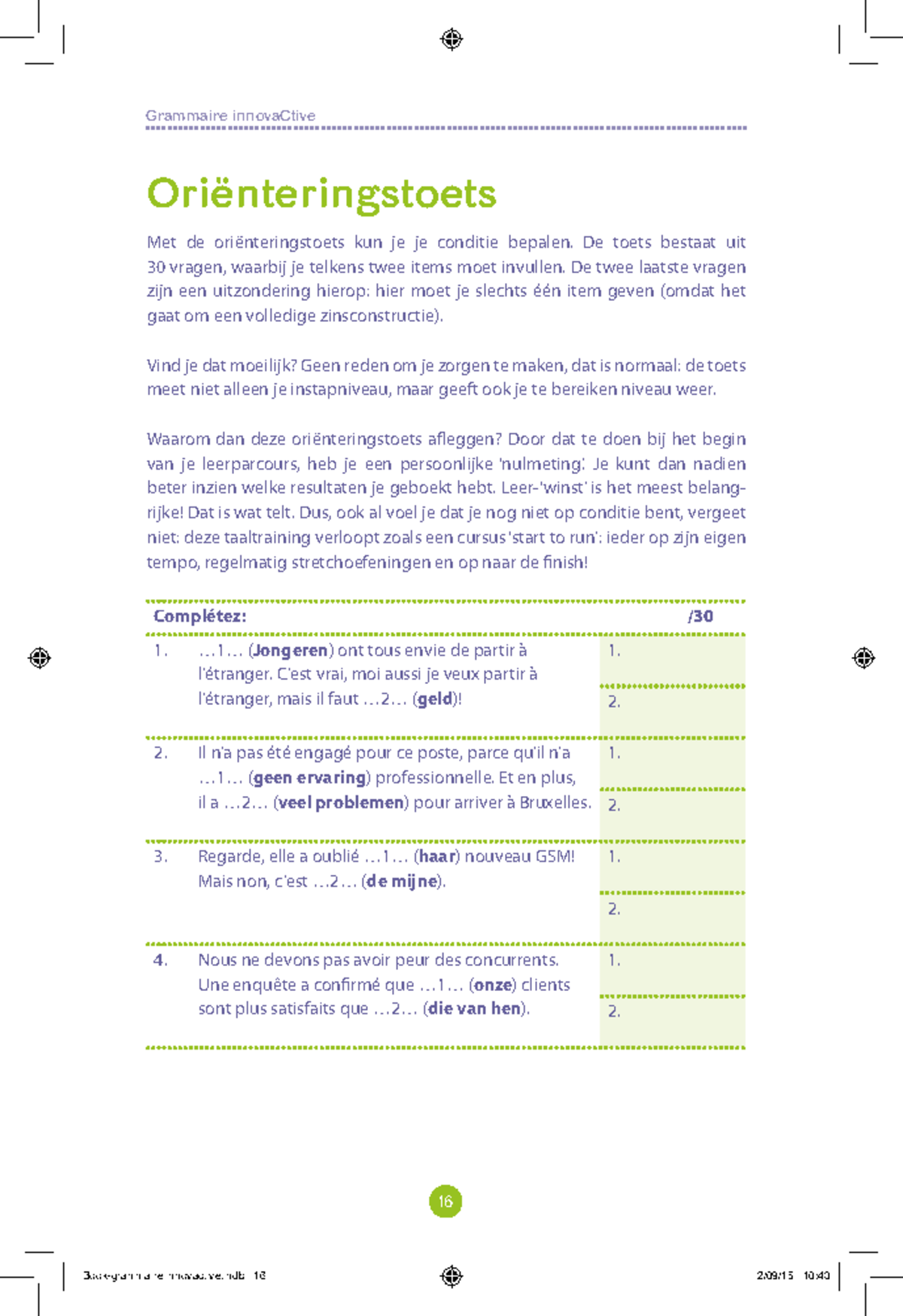Orienteringtoets - Oriëntatie - Grammaire innovaCtive 16 ...