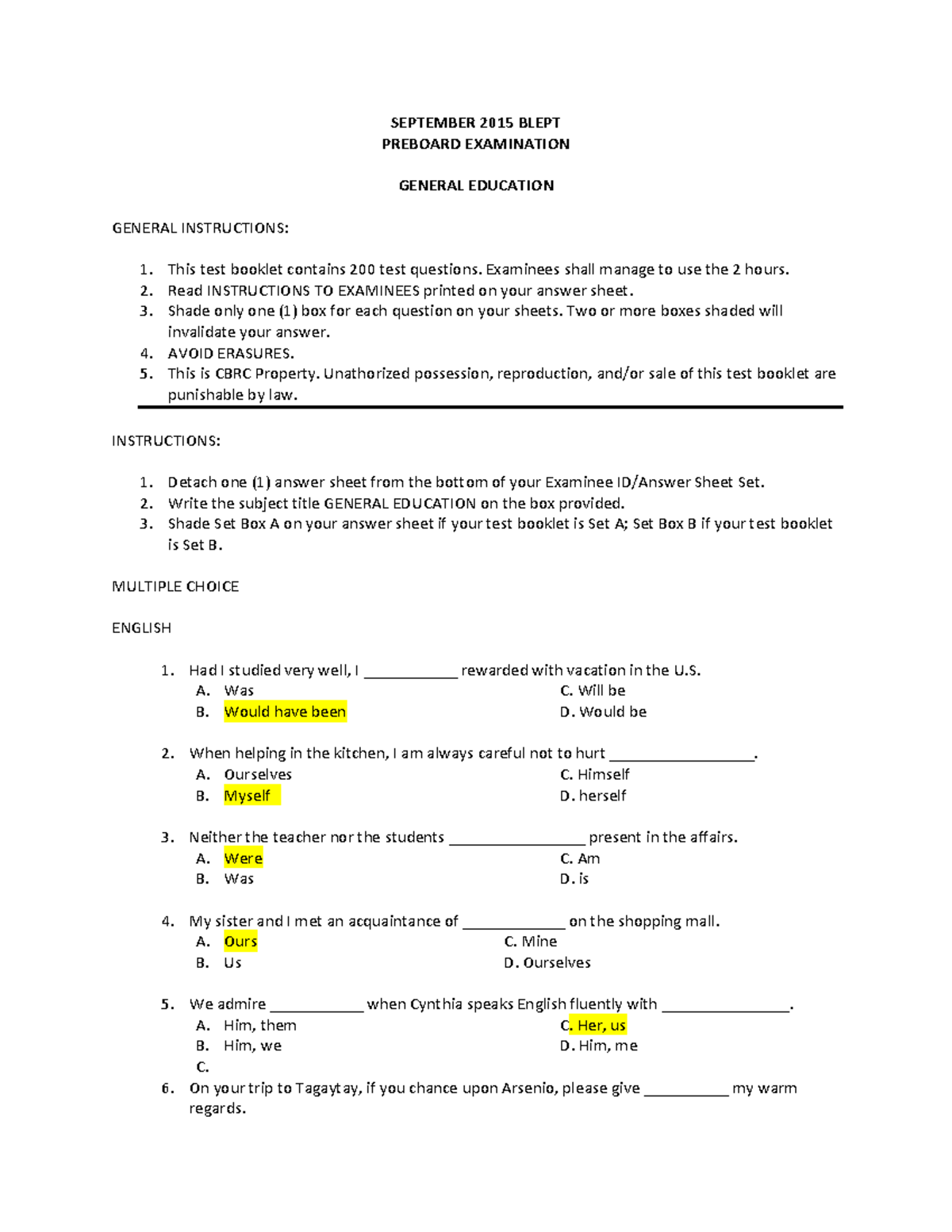 200 Items General Education Pre Board Exam with Answer Key - SEPTEMBER ...
