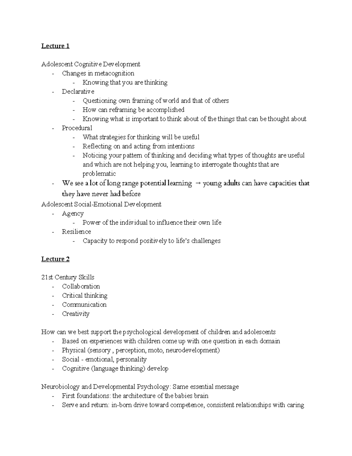 Dev Psych Notes 1 - Lecture 1 Adolescent Cognitive Development ...