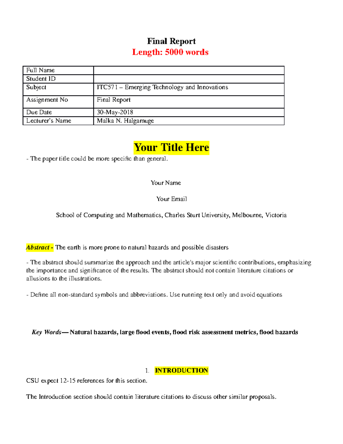 03 ITC571 Final Report Template - Final Report Length: 5000 words Full ...