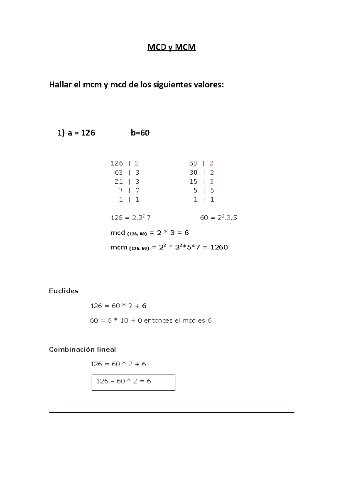1b - MCD y MCM varios ejercicios resuelto - MCD y MCM 1) a = 126 b ...
