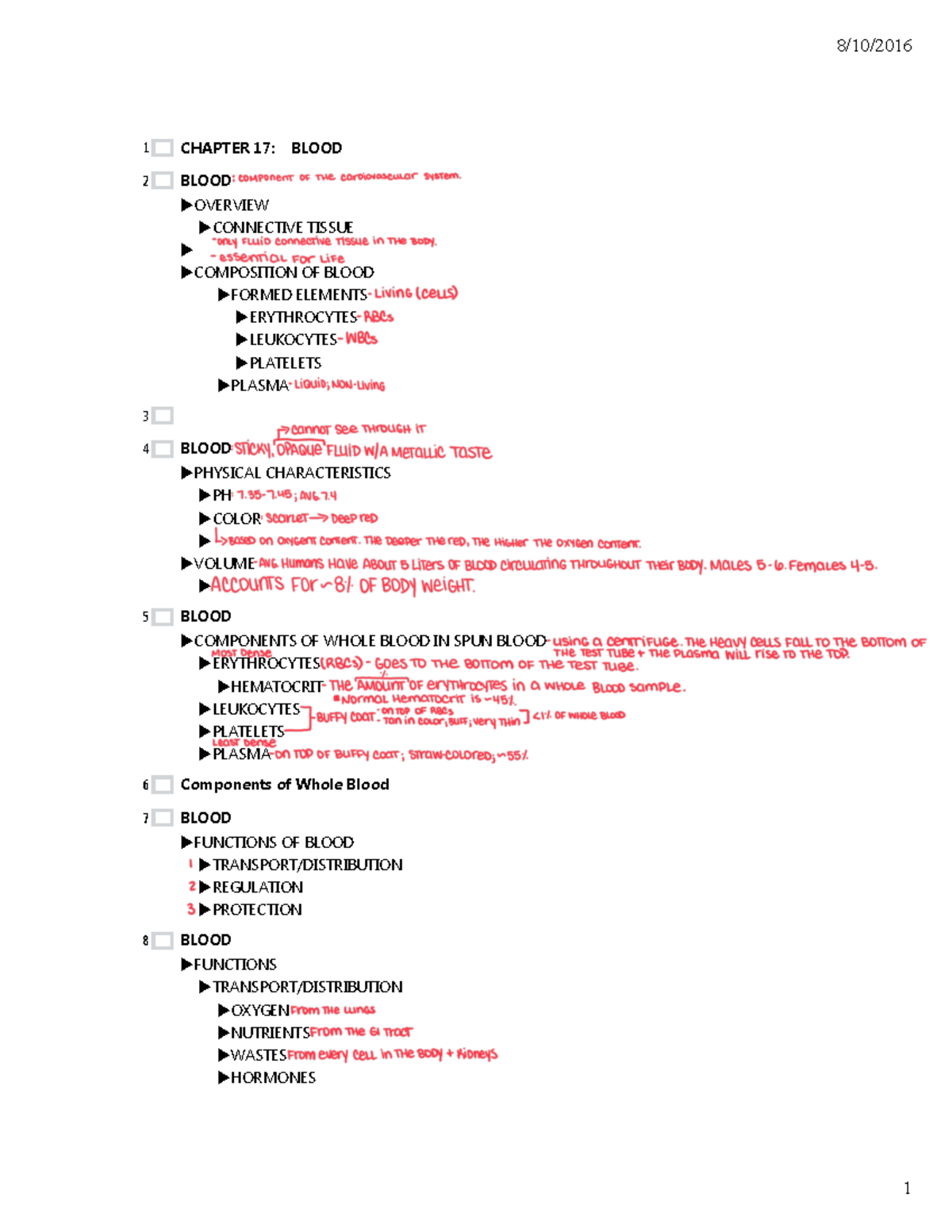 CH 17 Blood - Powerpoint and handwritten notes. - 8/10/ 1 CHAPTER 17 ...
