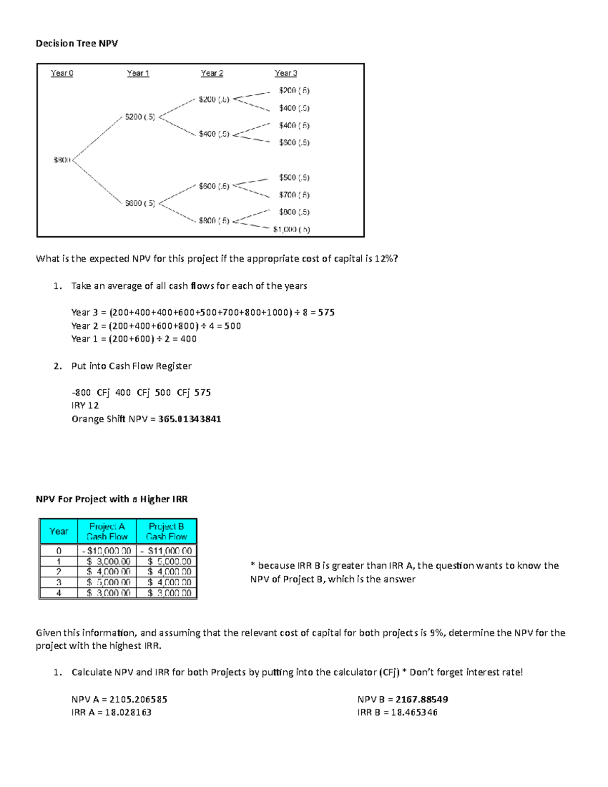 Exam 3 Sample Question - Decision Tree NPV What is the expected NPV for ...