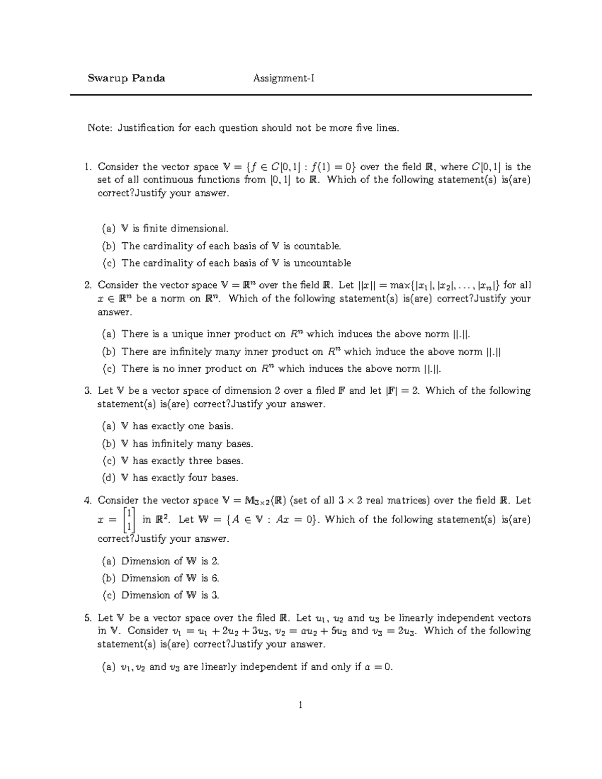 Assignment I Practice Tutorial Sheet Shared By Professor Swarup Panda Assignment I Note