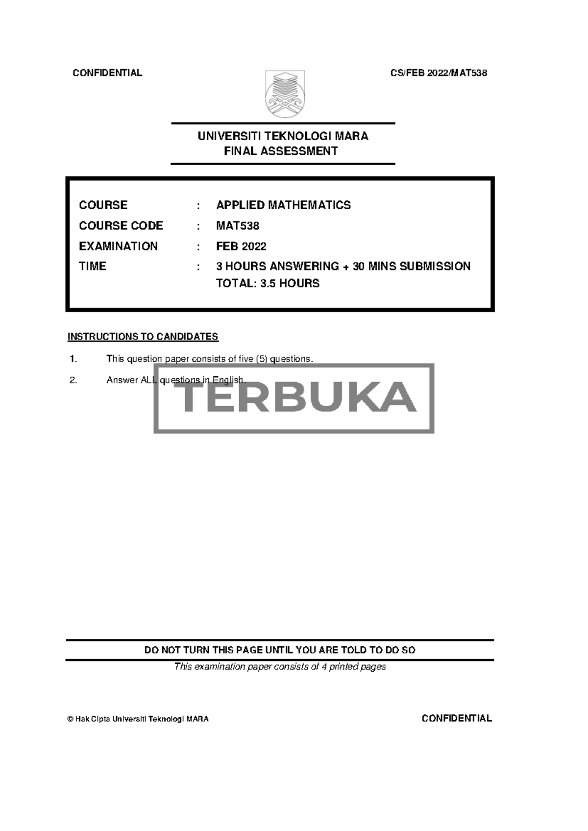 MAT538 - practice material - UNIVERSITI TEKNOLOGI MARA FINAL ASSESSMENT COURSE : APPLIED ...