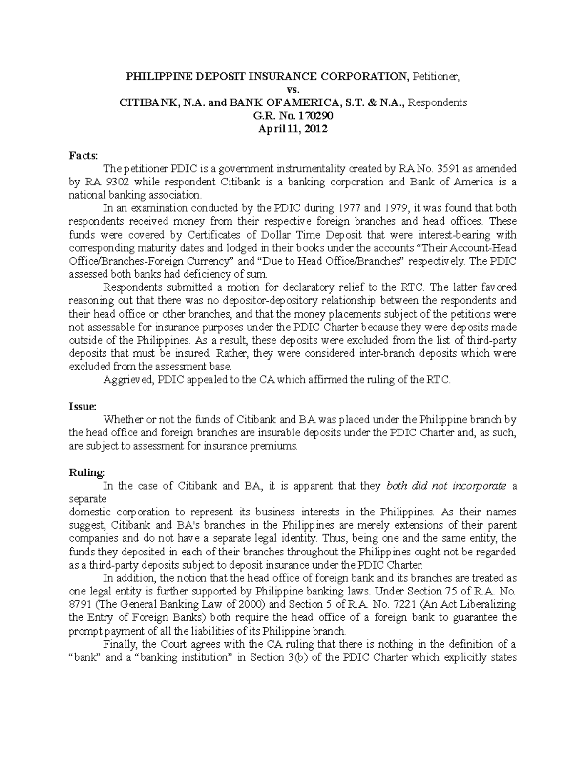 PDIC v.s CITI Bank - CASE DIGEST EXAMPLE - PHILIPPINE DEPOSIT INSURANCE ...