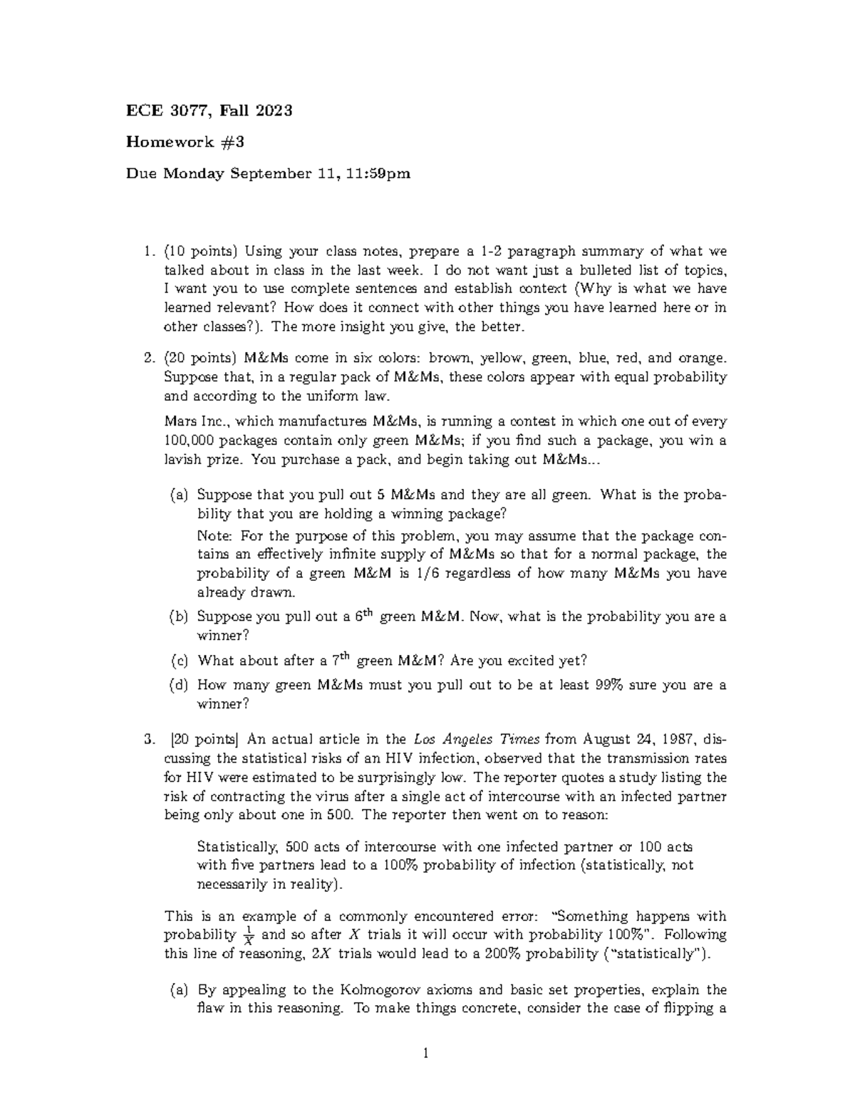 Hw03-3077-fa23 - Homework problem set 3 - ECE 3077, Fall 2023 Homework Due Monday September 11 ...