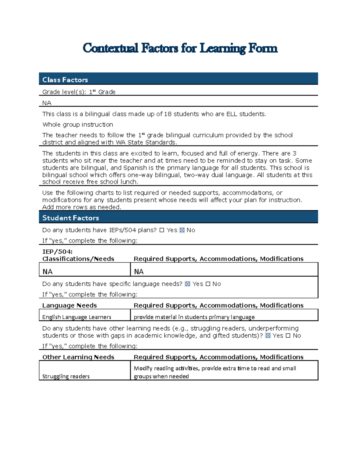 Contextualfactors form C 935 - Contextual Factors for Learning Form ...