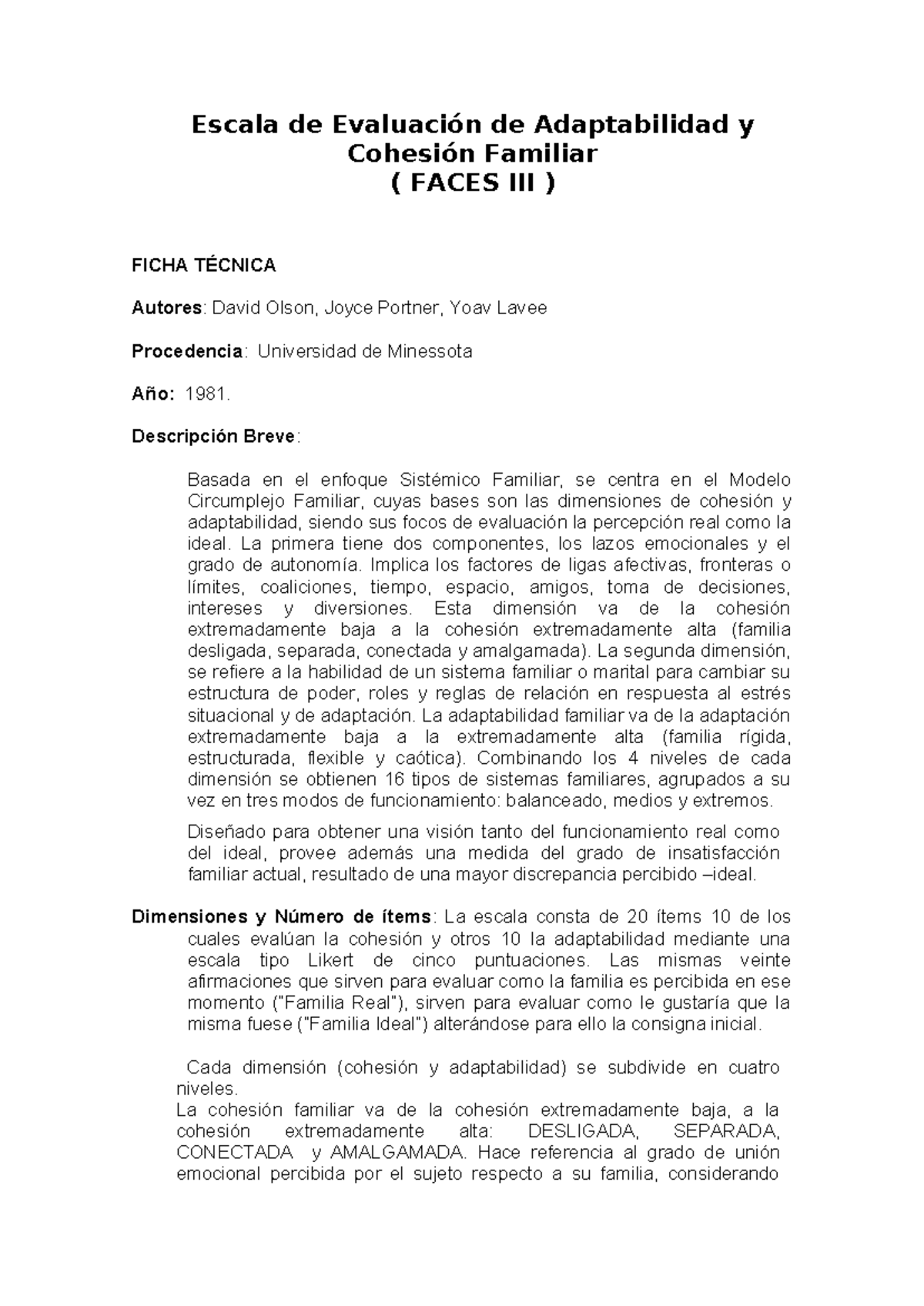 TEST Faces 3 - Escala DE Evaluacion Adaptabilidad Y Cohesion Familiar ...