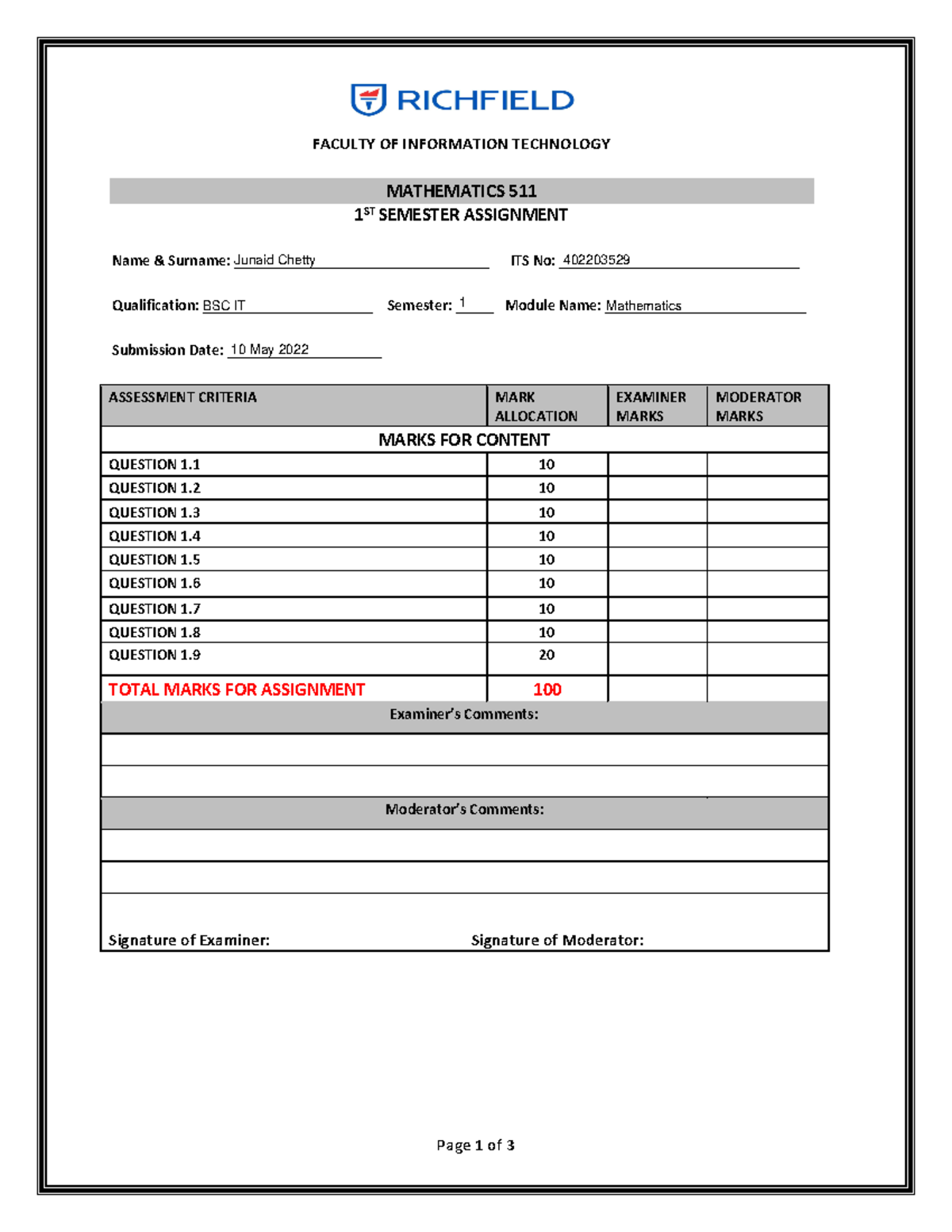 402203529 Mathematics - Page 1 of 3 ####### FACULTY OF INFORMATION ...