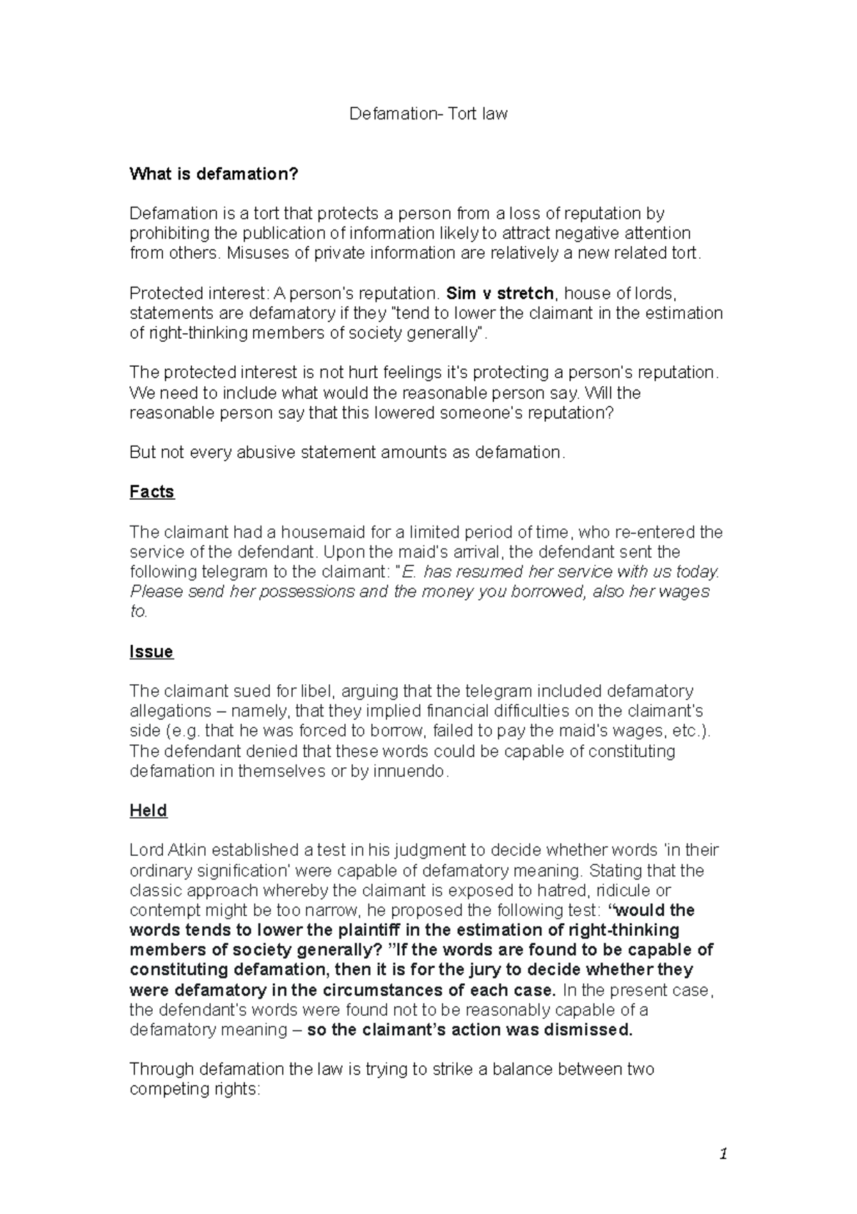 Defamation Summary Notes - Tort law What is defamation? Defamation is a ...