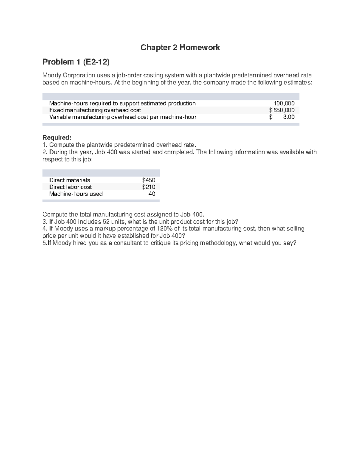Chapter 2 Homework - Chapter 2 Homework Problem 1 (E2-12) Moody ...