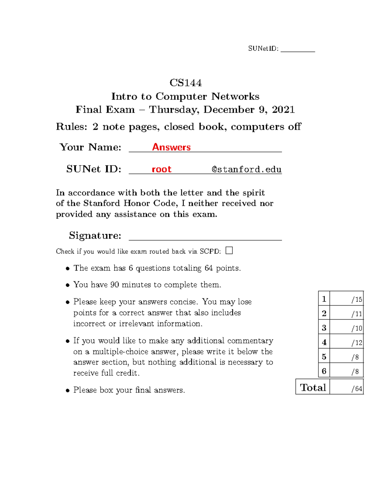 21fa-final-ans - final ans - CS Intro to Computer Networks Final Exam – Thursday, December 9 ...
