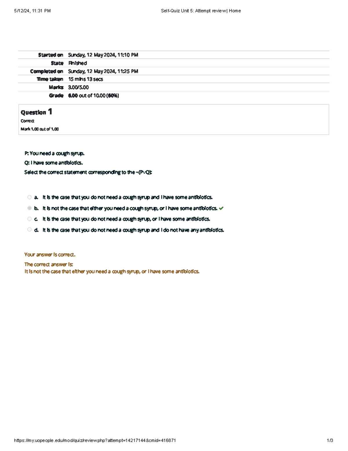 Self-Quiz Unit 5 Attempt review Home 02 - Started on Sunday, 12 May 2024, 11:10 PM State ...
