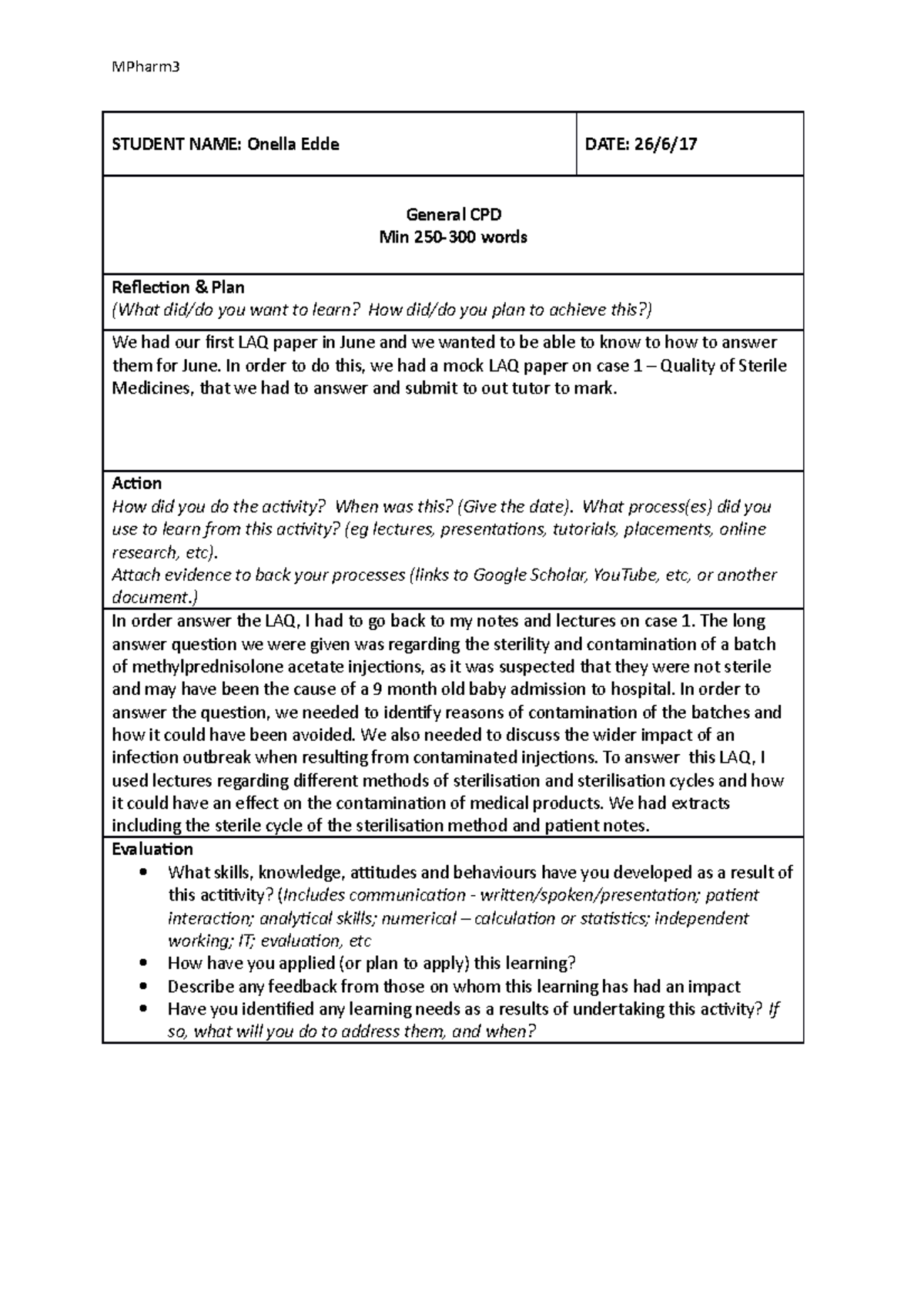 LAQ CPD - Example of a CPD entry based on the LAQ assignment that was ...