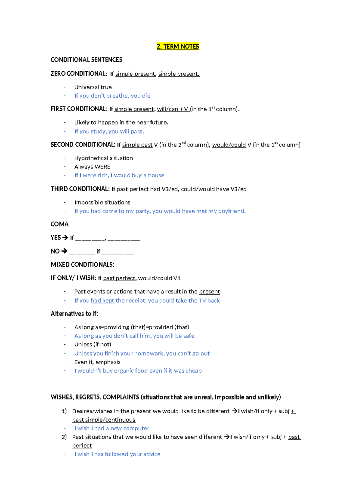 English 2nd TERM Notes - 2. TERM NOTES CONDITIONAL SENTENCES ZERO ...