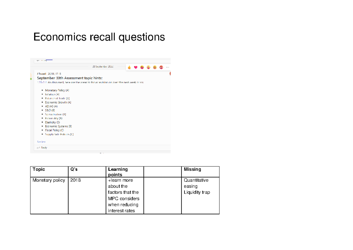 Econ recall questions - good resouce - Economics recall questions Topic ...
