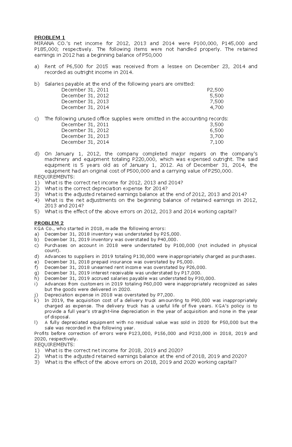 Correction of Errors - PROBLEM 1 MIRANA CO.’s net income for 2012, 2013 and 2014 were P100,000 ...