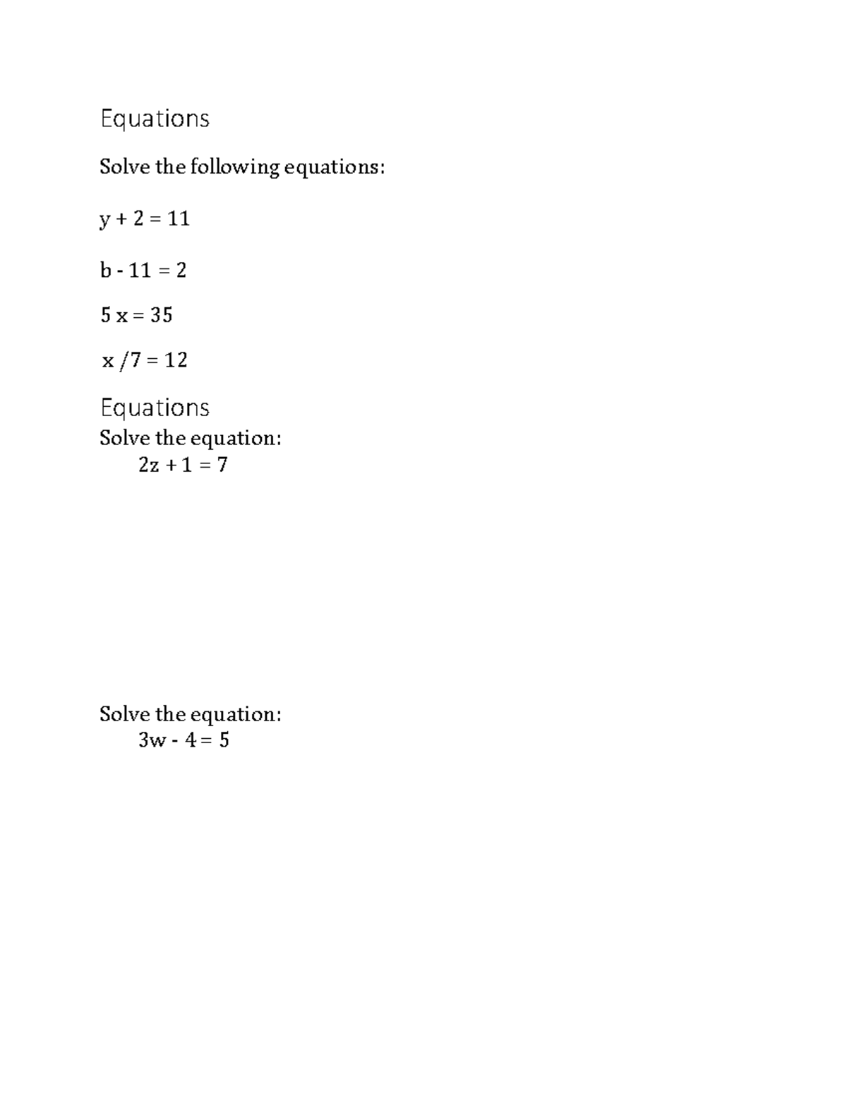 Module 3.1 Basic Algebraic Calculations - Equations Solve the following ...
