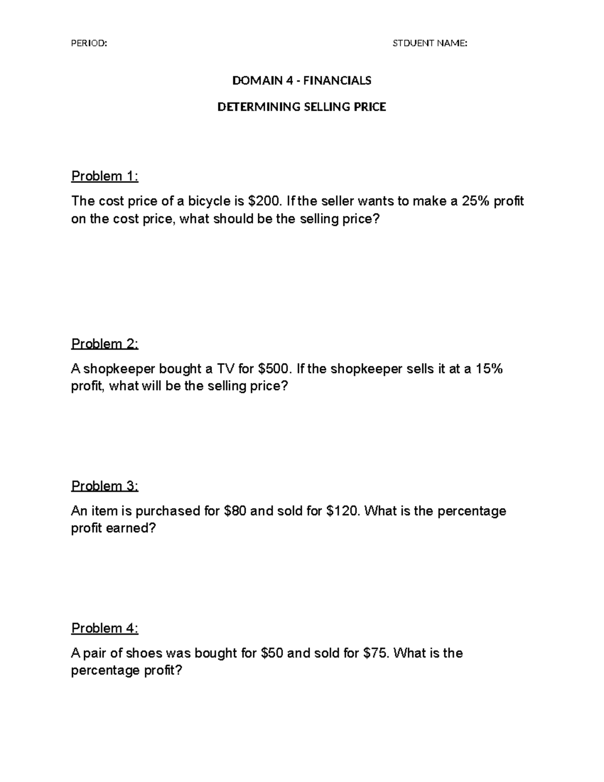 Selling Price Worksheet - DOMAIN 4 - FINANCIALS DETERMINING SELLING ...