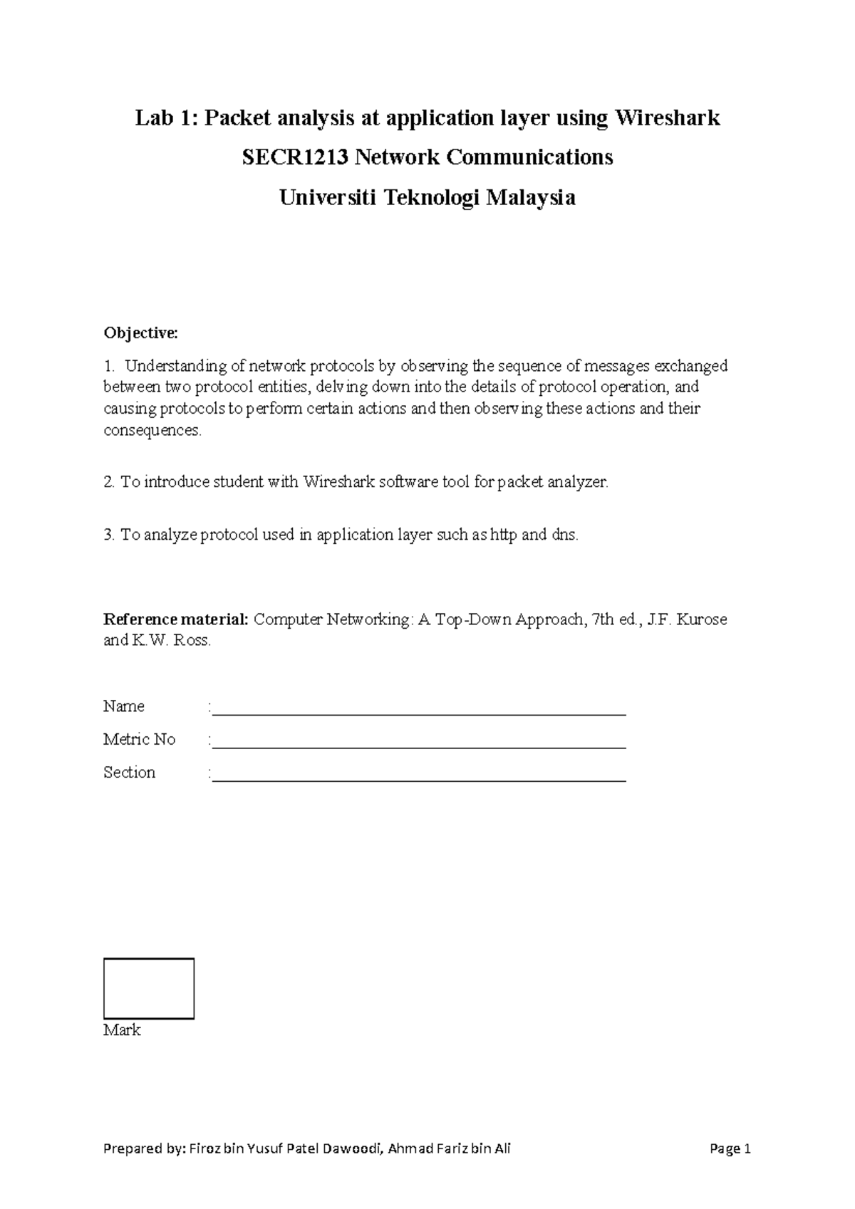 Lab 1 Wireshark - Lab 1: Packet analysis at application layer using Wireshark SECR1213 Network ...