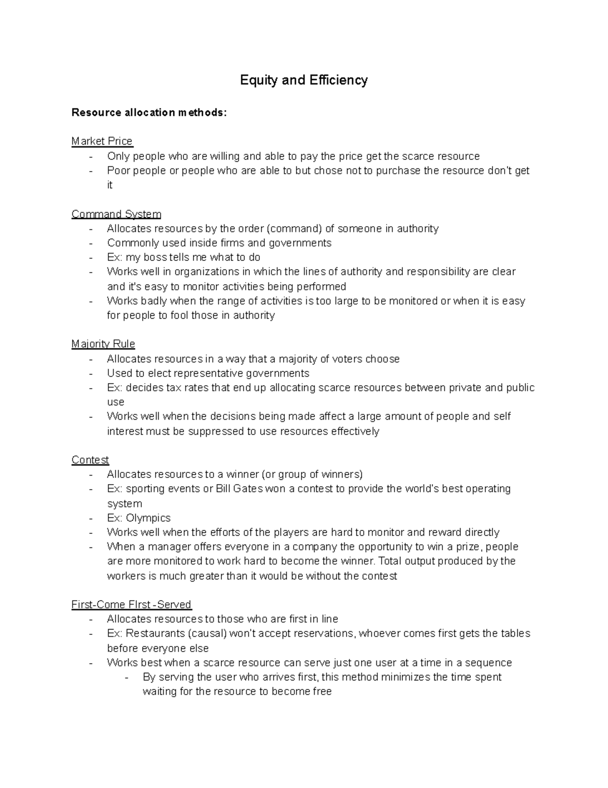Chapter 5 - Prof: Pat Martin - Equity and Efficiency Resource allocation methods: Market Price ...