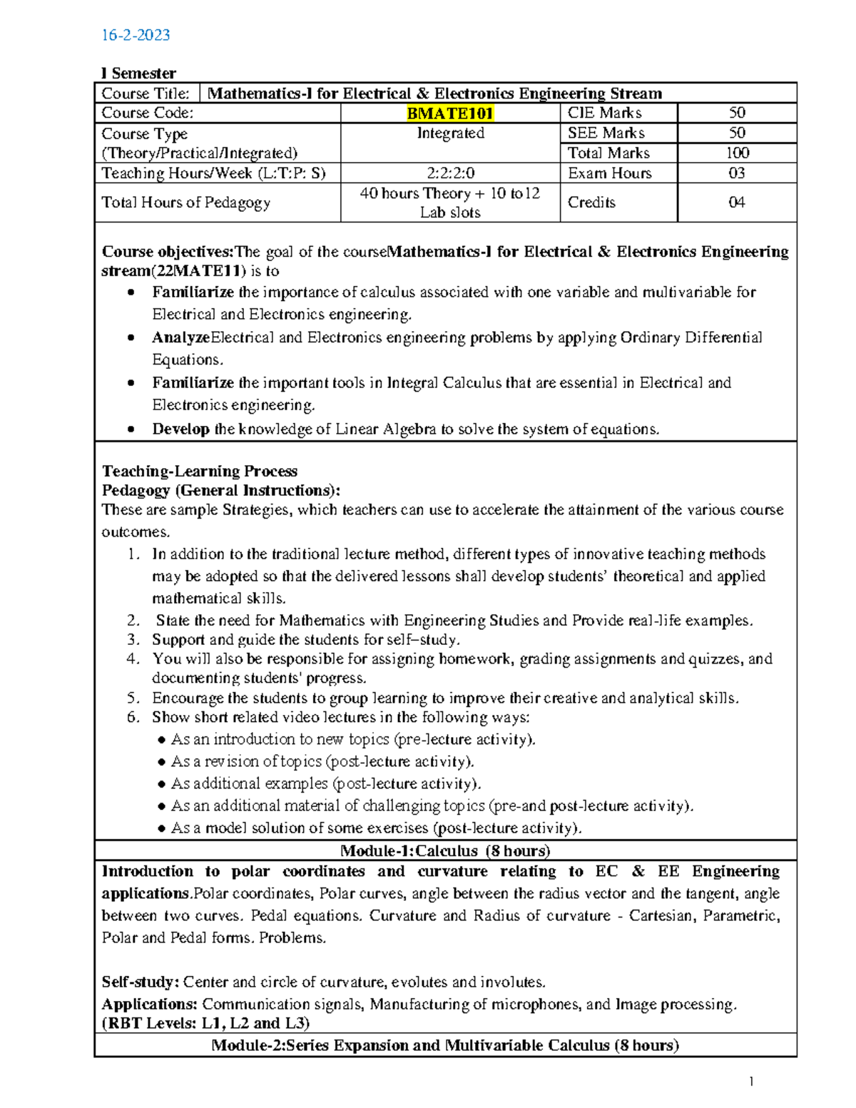 Bmate 101 - I Semester Course Title: Mathematics-I for Electrical ...