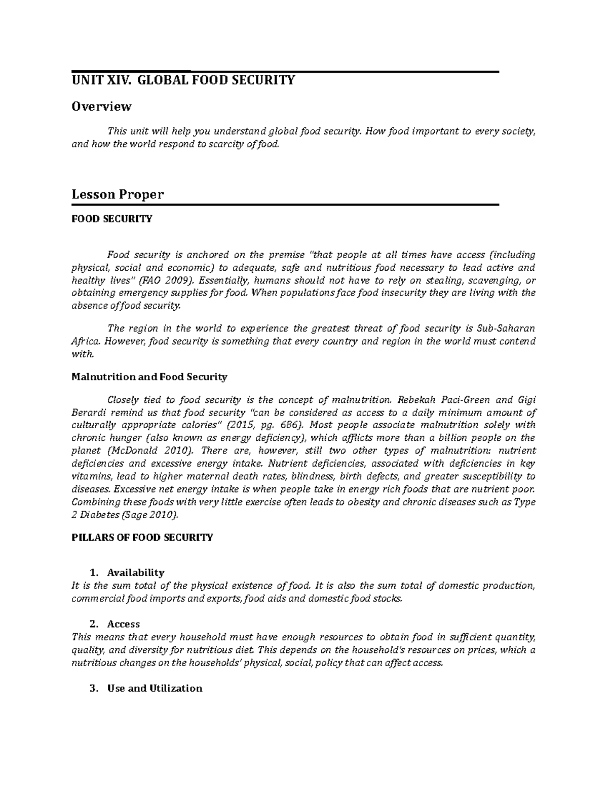 UNIT XIV Global FOOD Security - UNIT XIV. GLOBAL FOOD SECURITY Overview ...