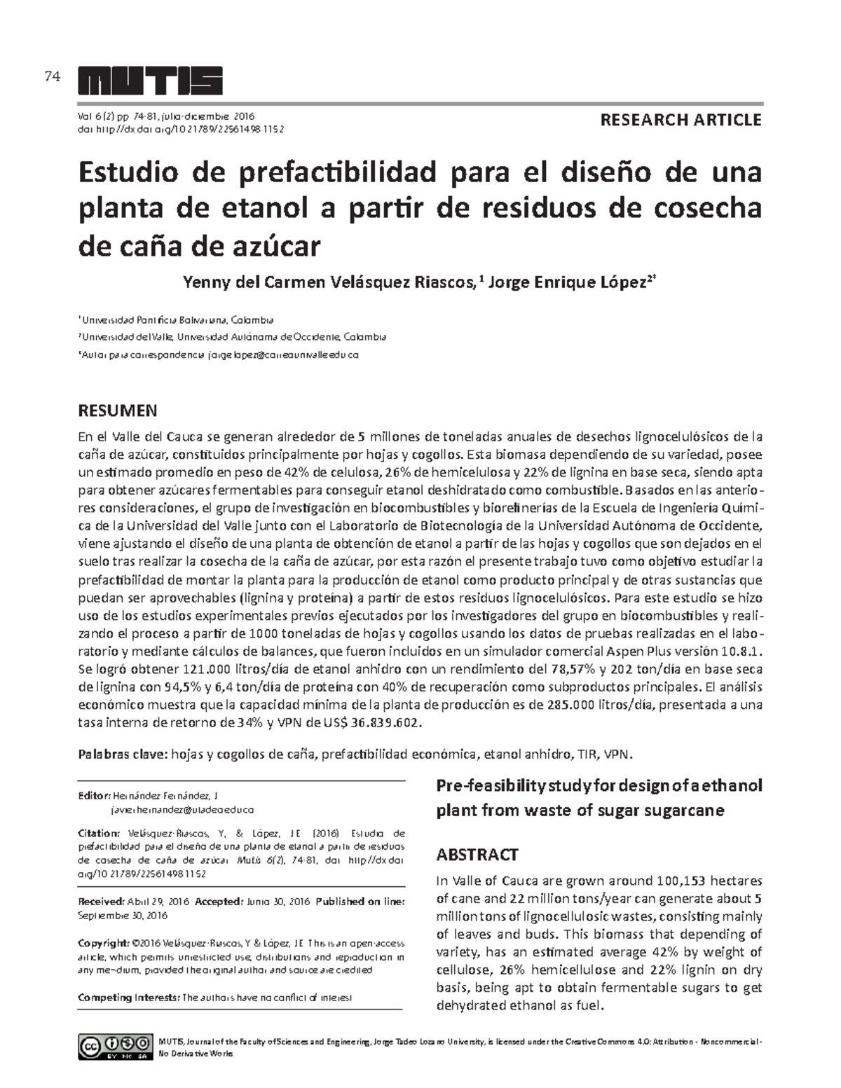 Estudio de prefactibilidad para el diseno de una p - MUTIS, Journal of ...