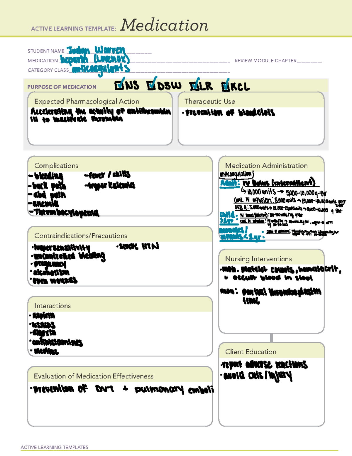 Heparin - ACTIVE LEARNING TEMPLATES Medication STUDENT NAME