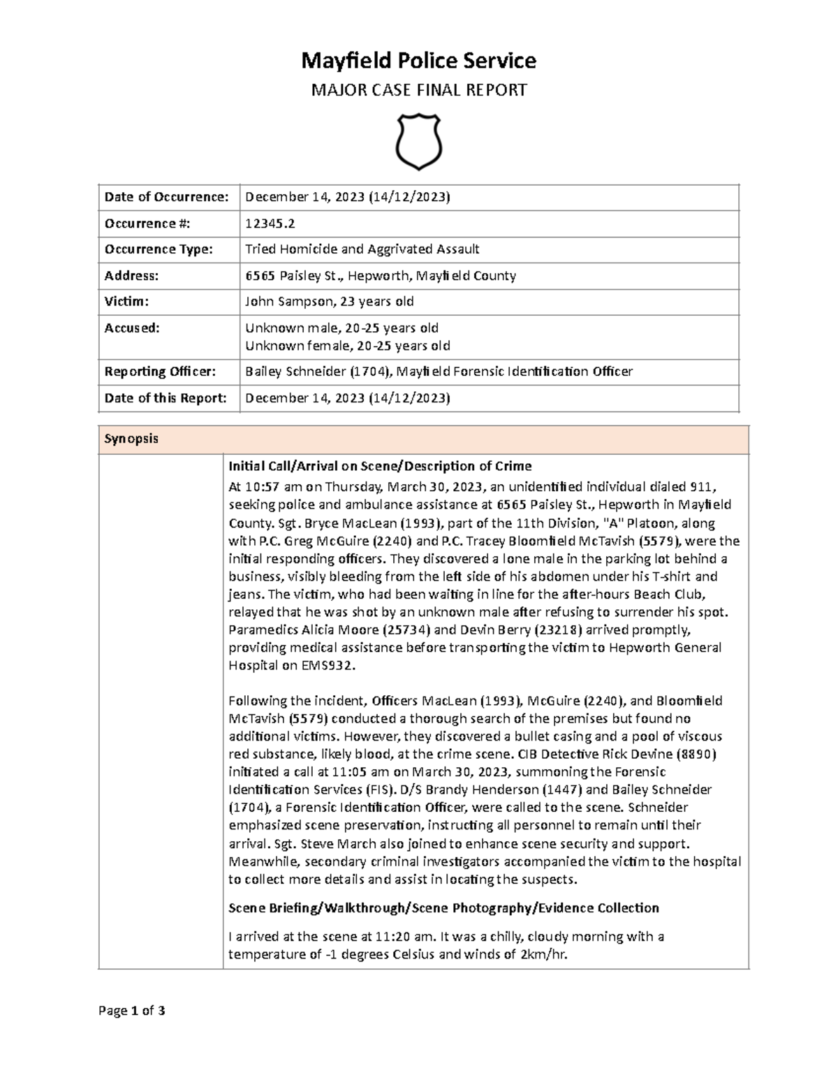 FOID 1006 Final Report Template - Mayfield Police Service MAJOR CASE ...
