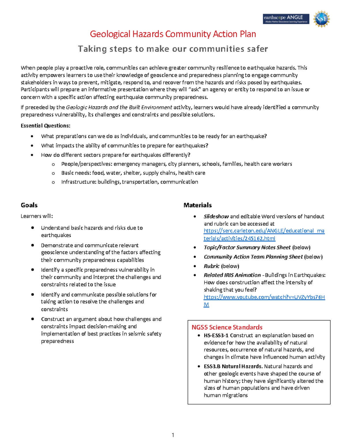 Geological hazards community action plan activity all - 1 Geological ...