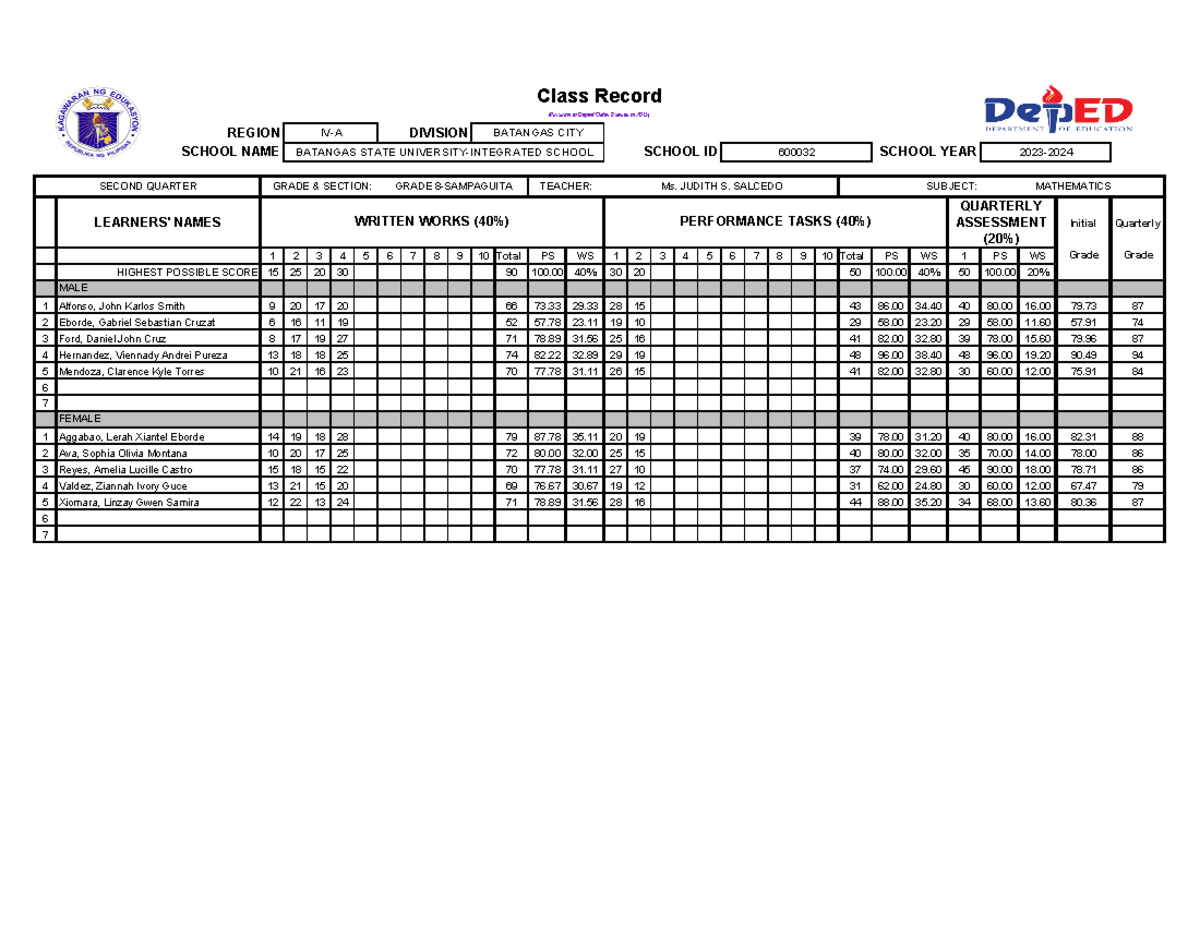Grade 8 MATH Second Quarter - Initial Quarterly 1 2 3 4 5 6 7 8 9 10 ...