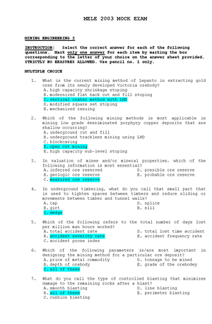 MELE pre-board 2 - Mining engineering licensure pre-board with answer ...