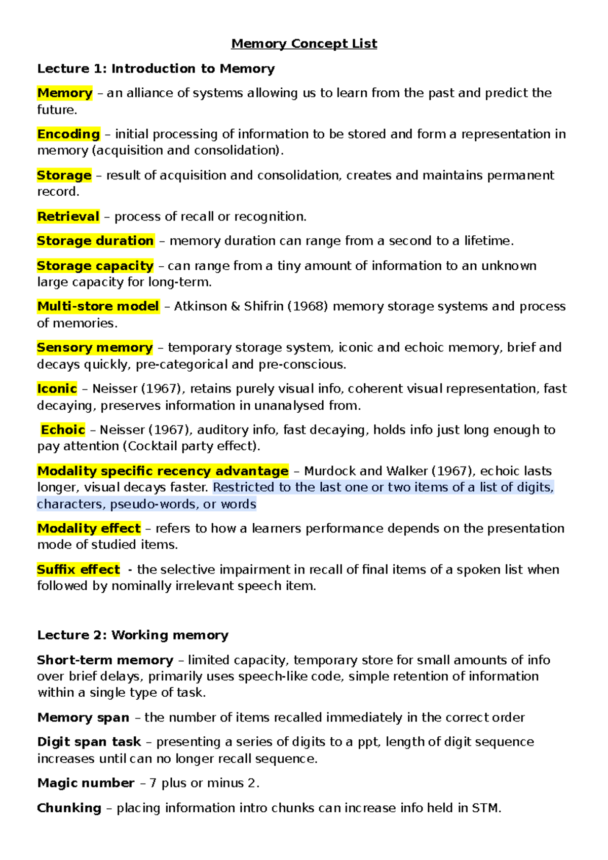 Memory Concept List - Memory Concept List Lecture 1: Introduction to Memory Memory – an alliance ...