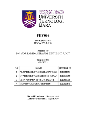 LAB Report PHY094 - Hooke'S LAW - PUSAT ASASI UiTM DENGKIL PHY094 ...