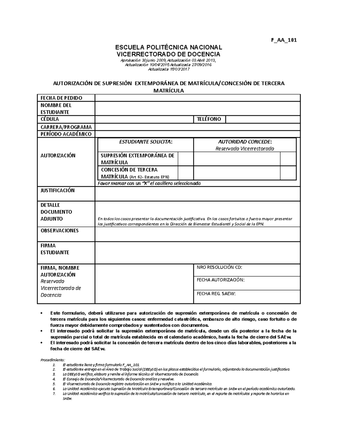 Autorizacion Supresion Extemp DE Matrícula Concesión 3ERA 101 - F_AA ...