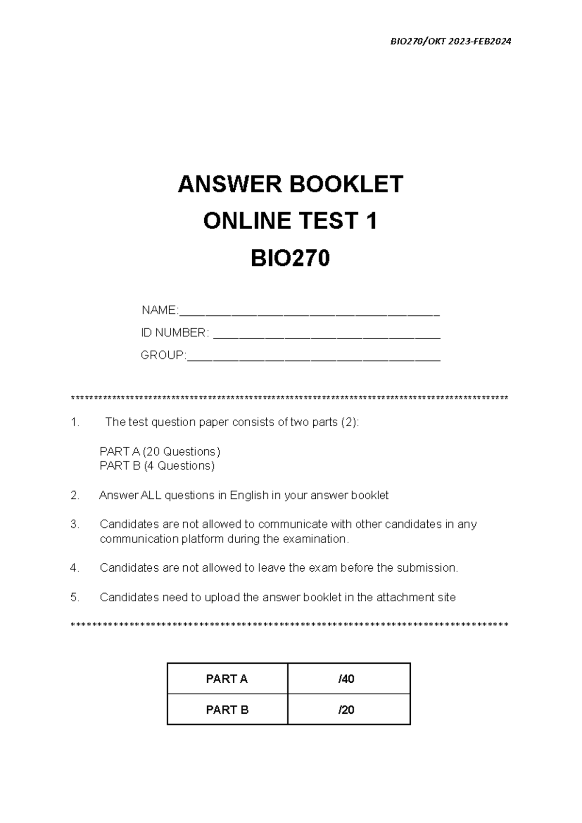 Answer Booklet - ANSWER BOOKLET ONLINE TEST 1 BIO NAME