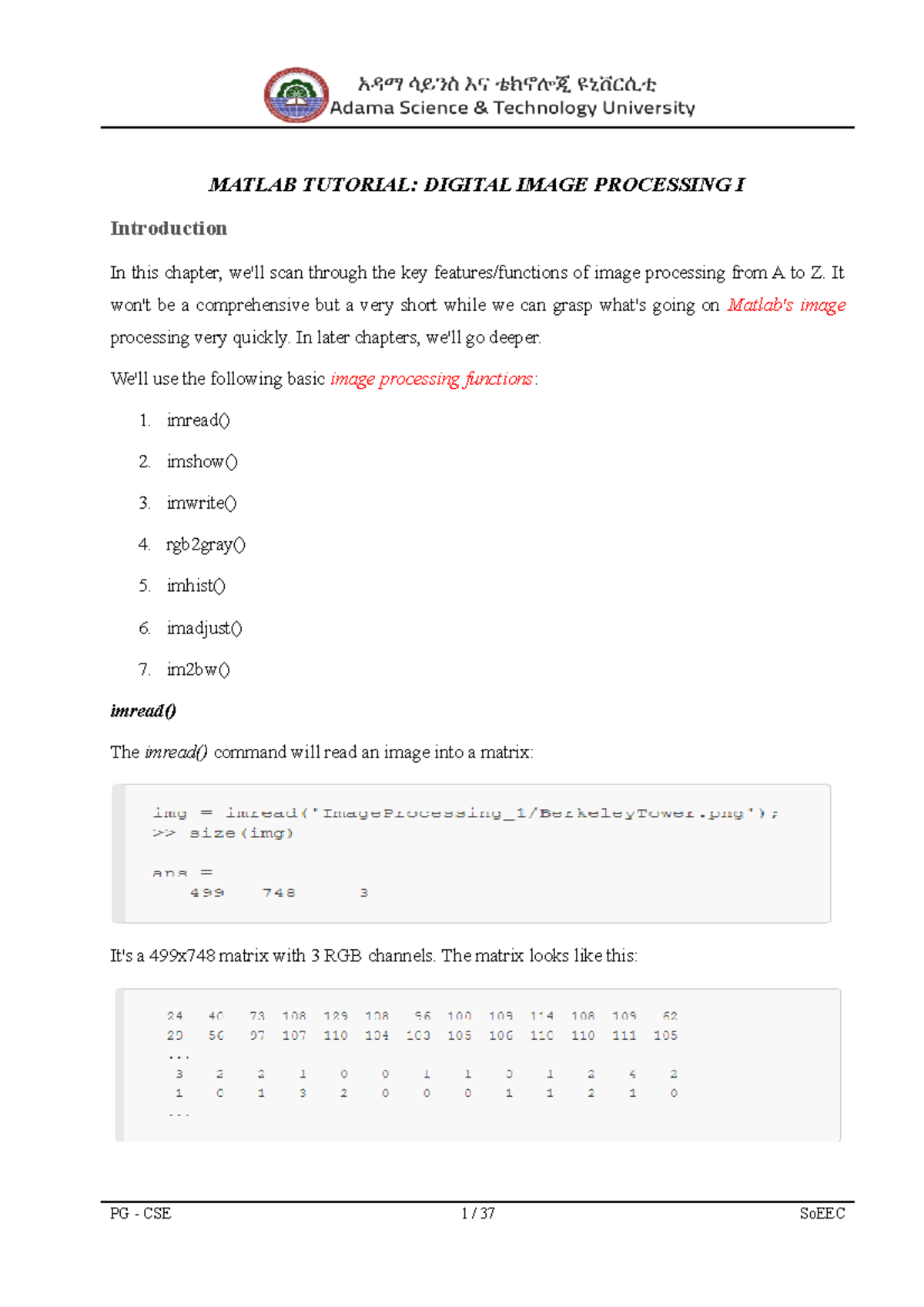 Matlab Image and Video Processing Tutorial - MATLAB TUTORIAL: DIGITAL ...