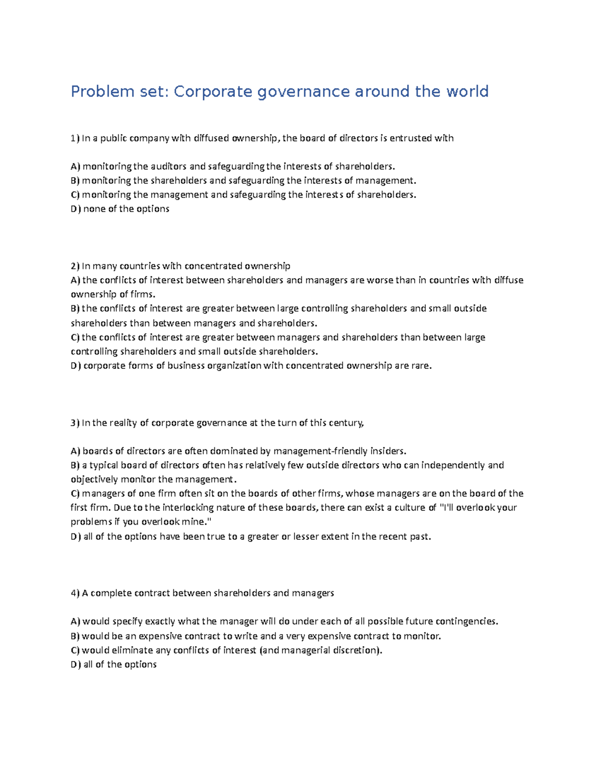 Problem set ch4 - a worksheet - Problem set: Corporate governance ...