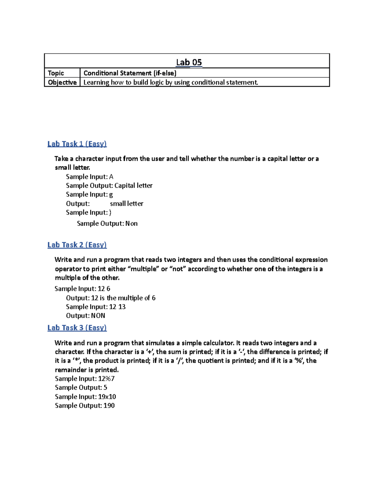 Lab 05 - Ybxbxgj - Lab 05 Topic Conditional Statement (if-else) Objective Learning how to build ...
