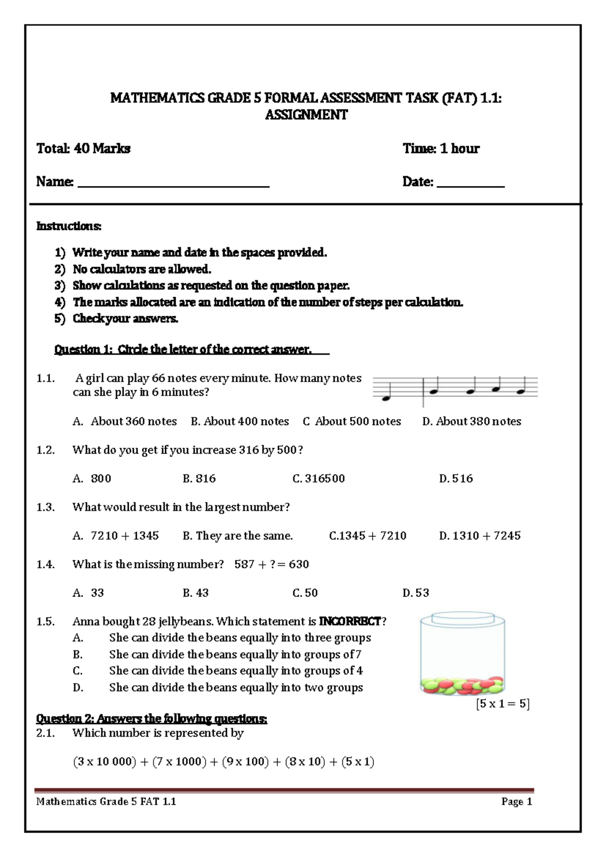 Gr5-Maths-FAT - TEst - Instructions: 1) Write your name and date in the ...